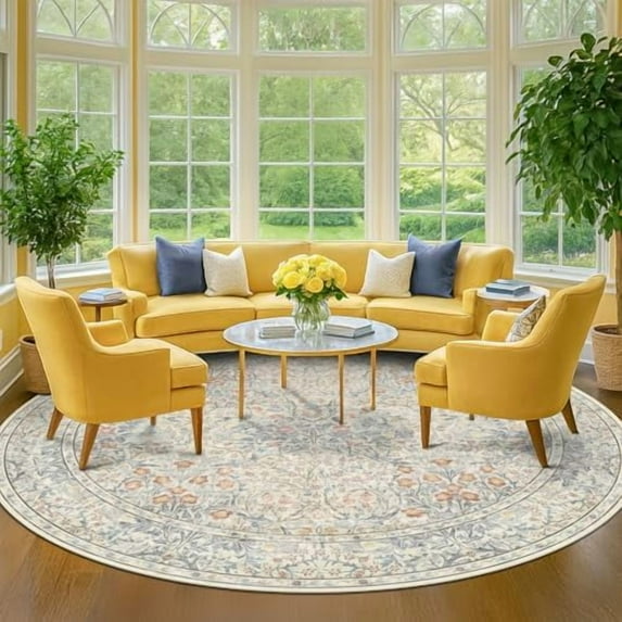 Classic 7ft Round Beige Blue Rugs for Living Room - Washable Non Slip ...