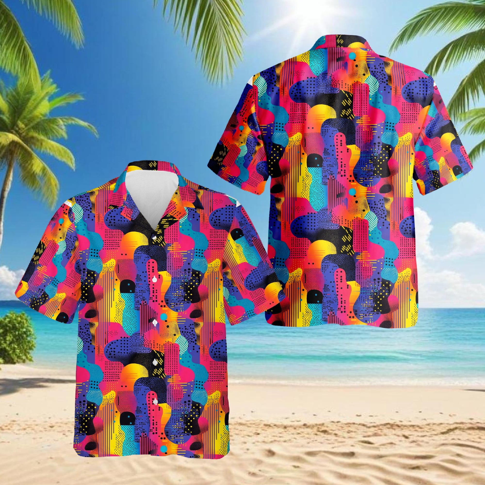 Classic 80s Color Splash Hawaiian Shirt for Men, Retro Style, Button ...