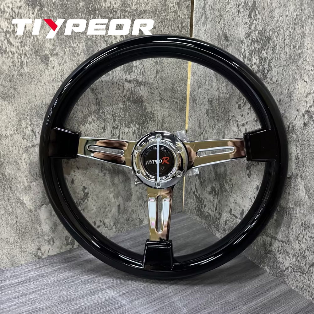 Classic ABS Black Wooden Steering Wheel Universal Racing Car Chrome ...