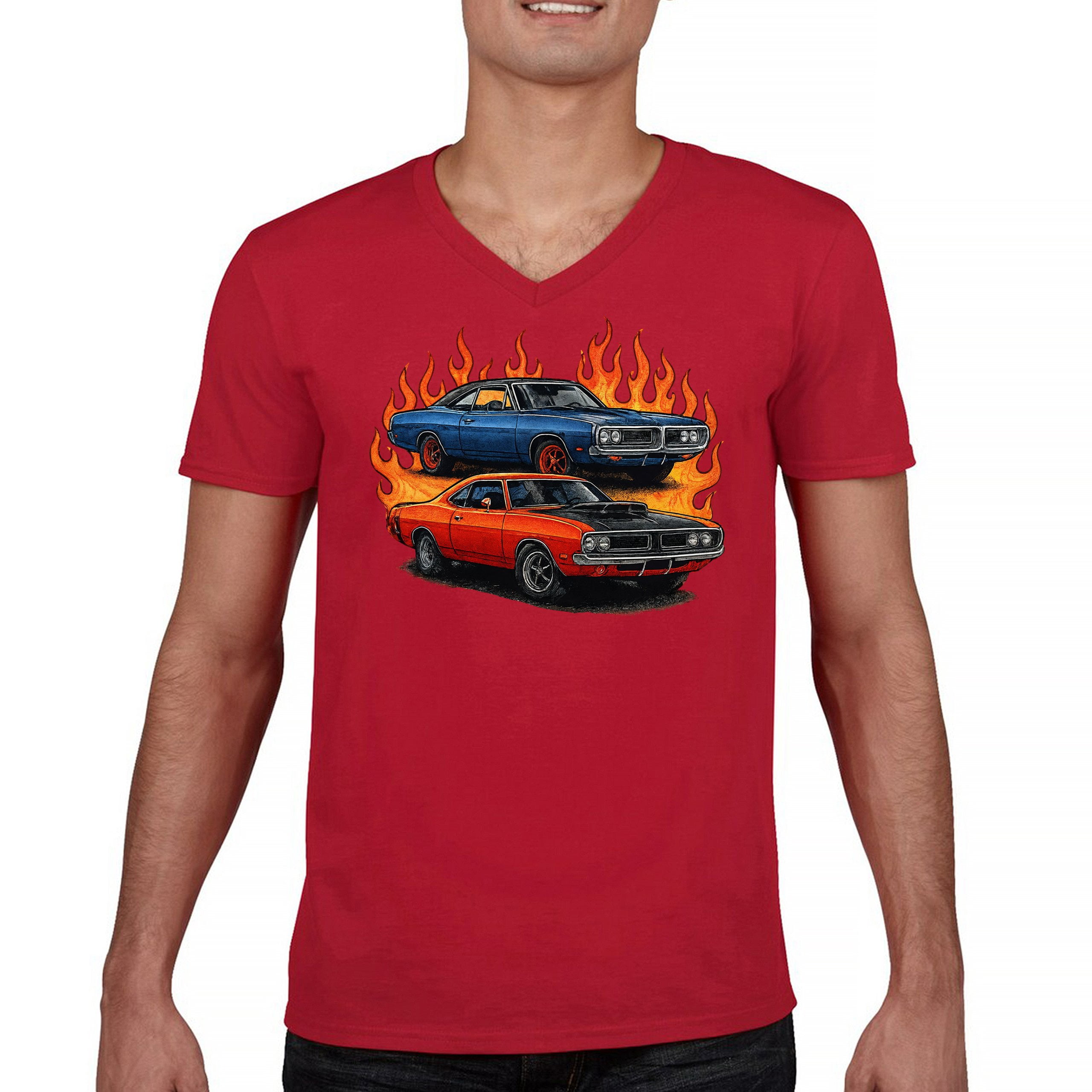 Classic American Muscle Cars Flaming Men's V-Neck T-shirt Vintage ...
