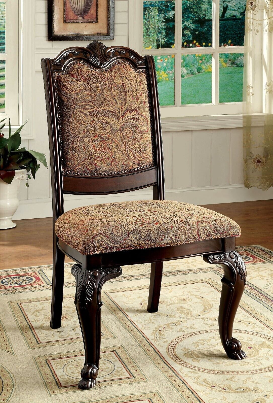 Classic Antique Brown Traditional Dining Room Furniture Set of 4 Side Chairs Upholstered Fabric Padded Seat Chair Kitchen