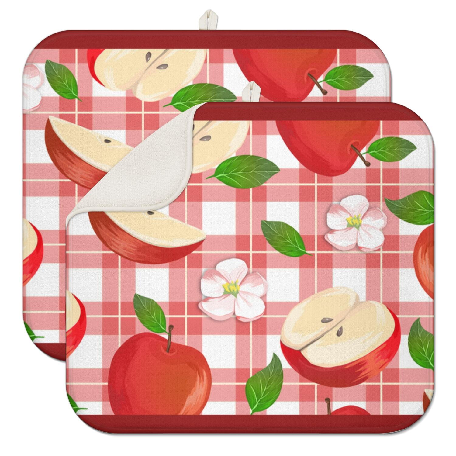 Classic Apple Pattern Dish Drying Mat – Aesthetic Red Apple and Leaf ...