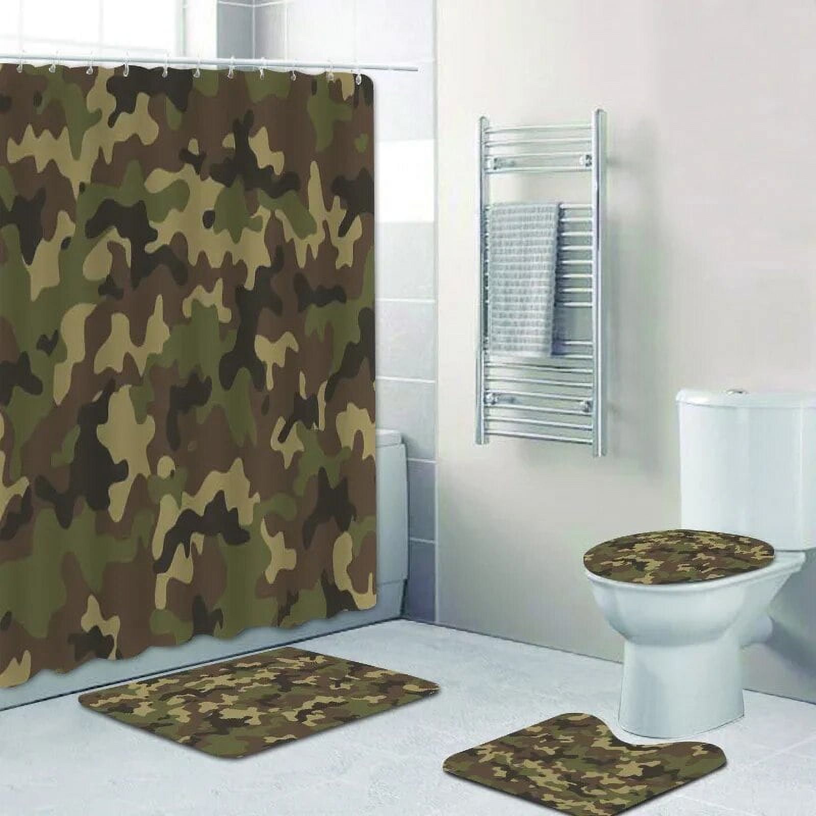 Classic Army Woodland Camouflage Camo Shower Curtain Set Bathroom Bath