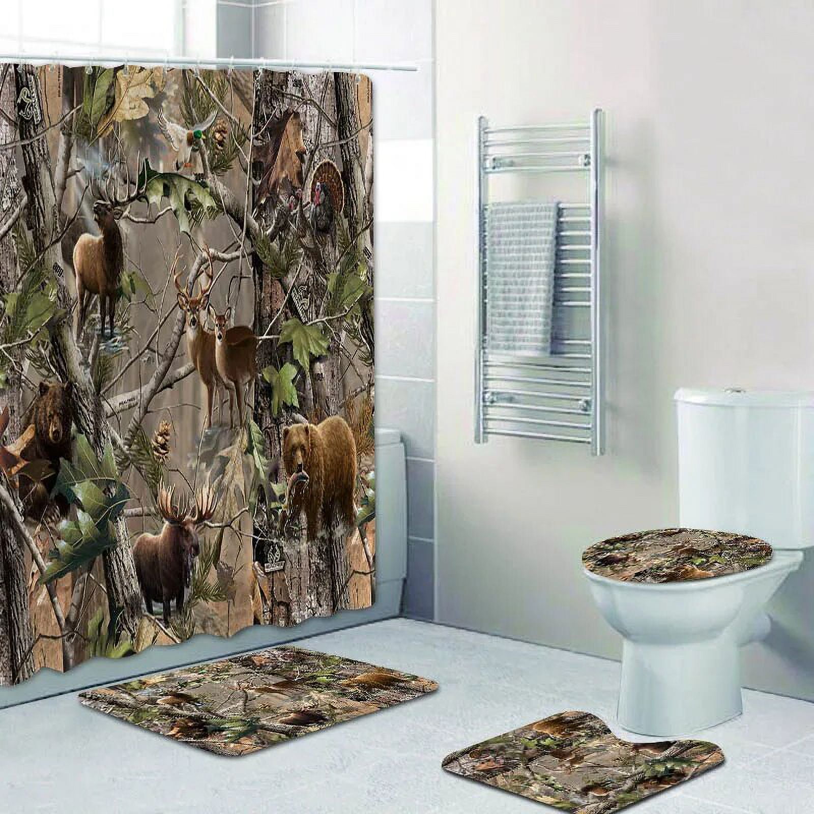 Classic Army Woodland Camouflage Camo Shower Curtain Set Bathroom