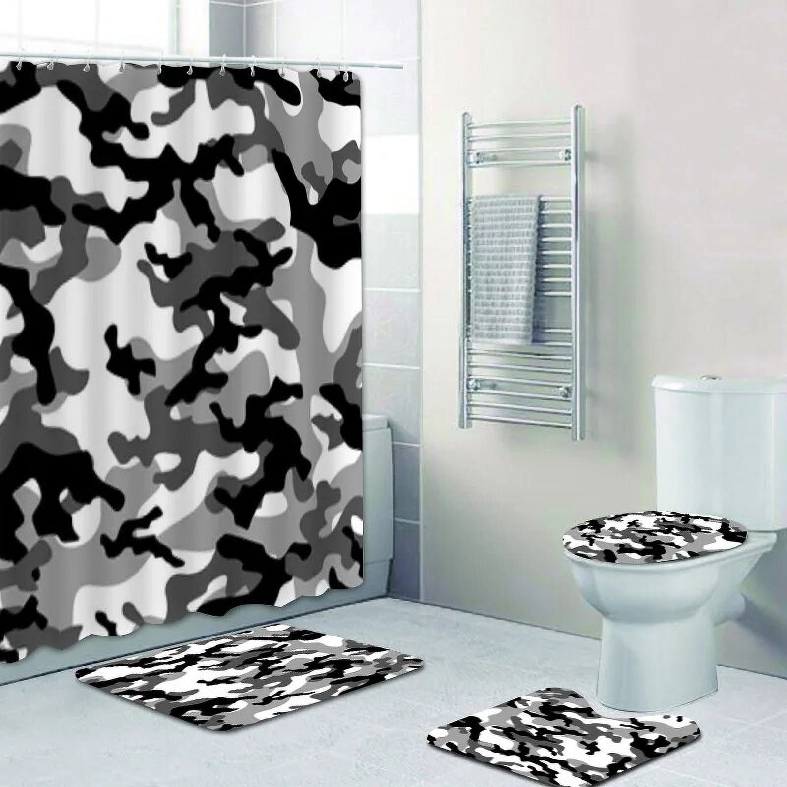 Classic Army Woodland Camouflage Camo Shower Curtain Set Bathroom