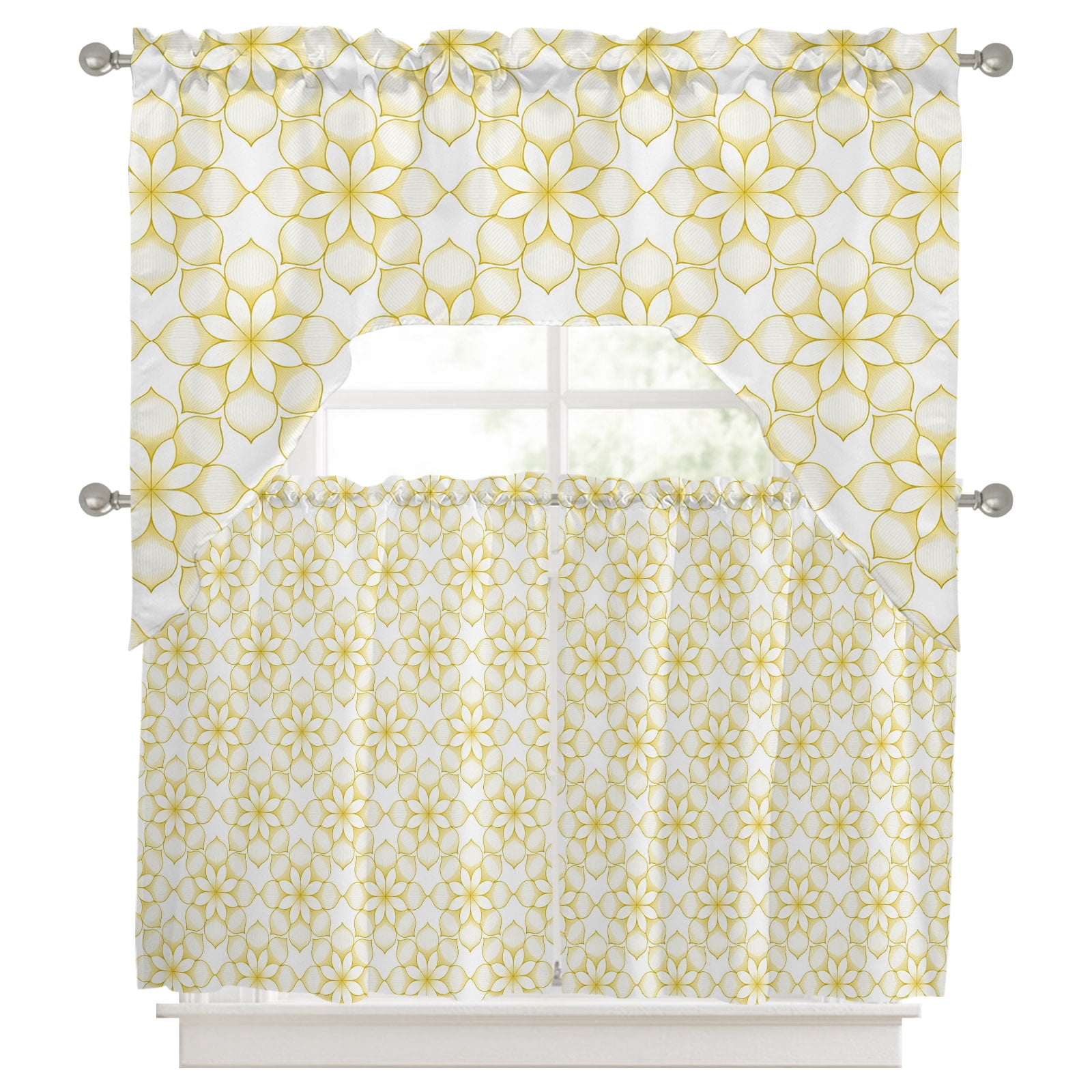 Classic Art Swag Valance and Tier Set of 3, Retro Yellow Floral Pattern ...