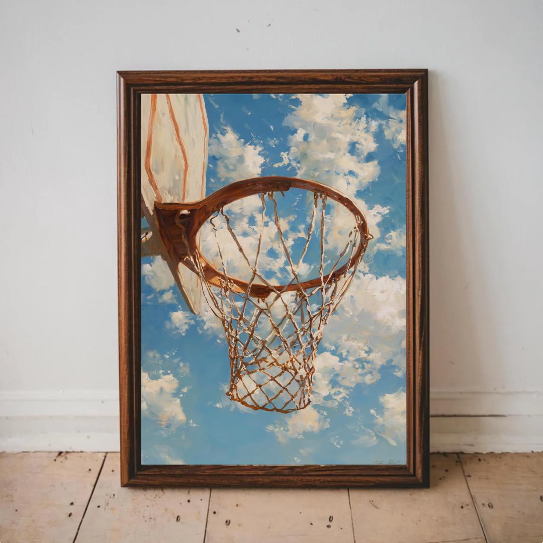 Classic Basketball Net Print, Blue Sky Hoop Wall Art, Retro Sports ...