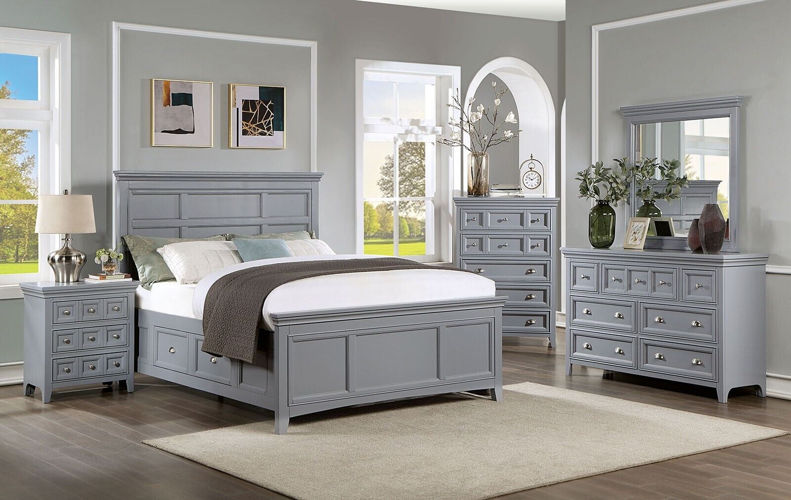 Classic Bedroom Design Gray Color Queen Size Bed 6pc Set Dresser Mirror ...