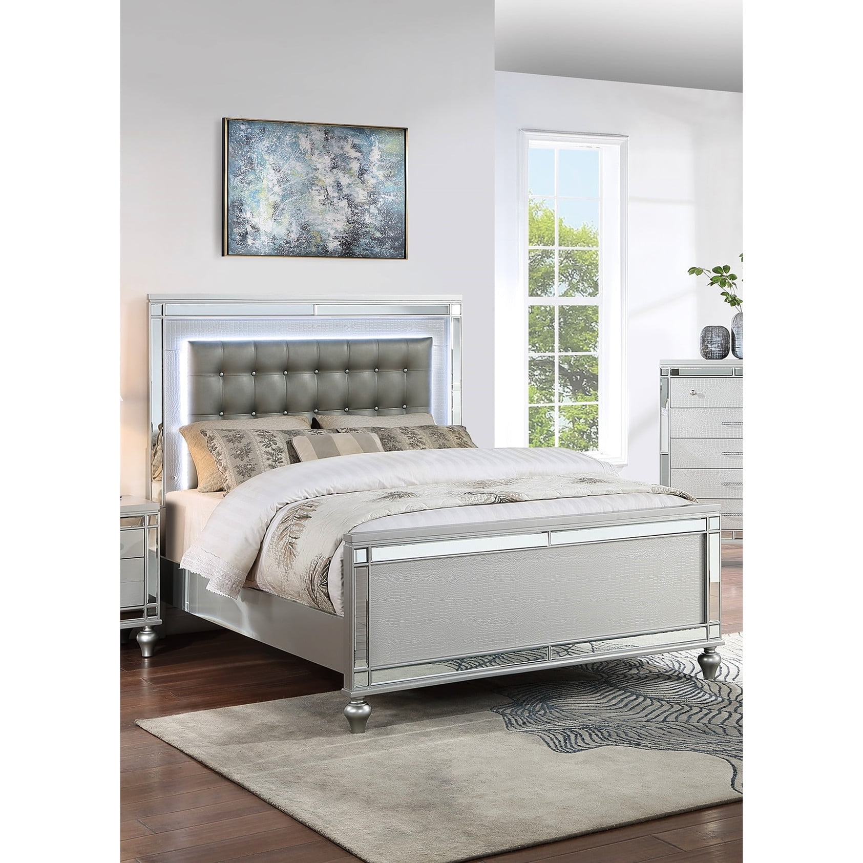 Classic Bedroom Style - Bed Frame with LED Lights and Square Button ...