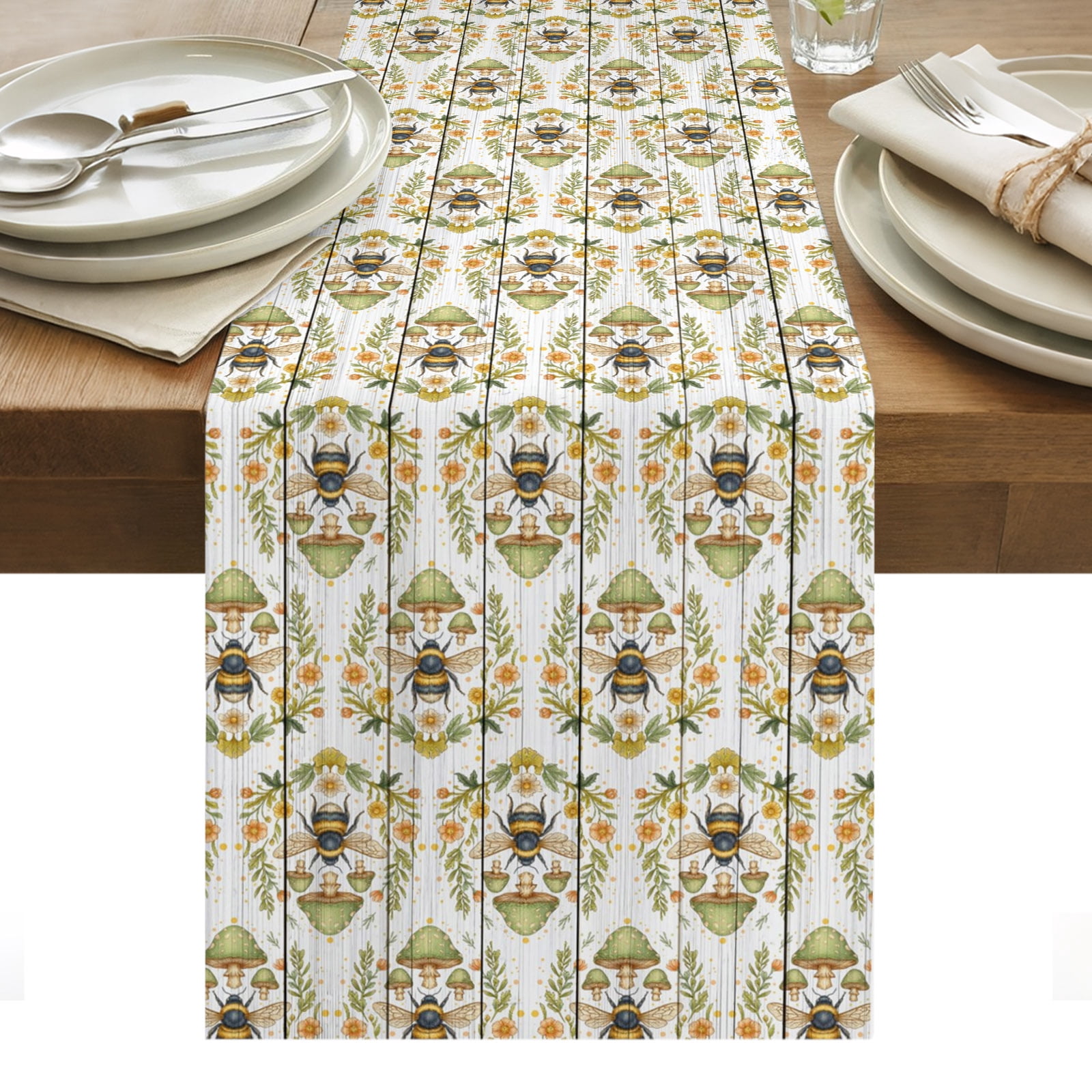 Classic Bees Table Runner Summer Spring Floral Animals Wooden ...