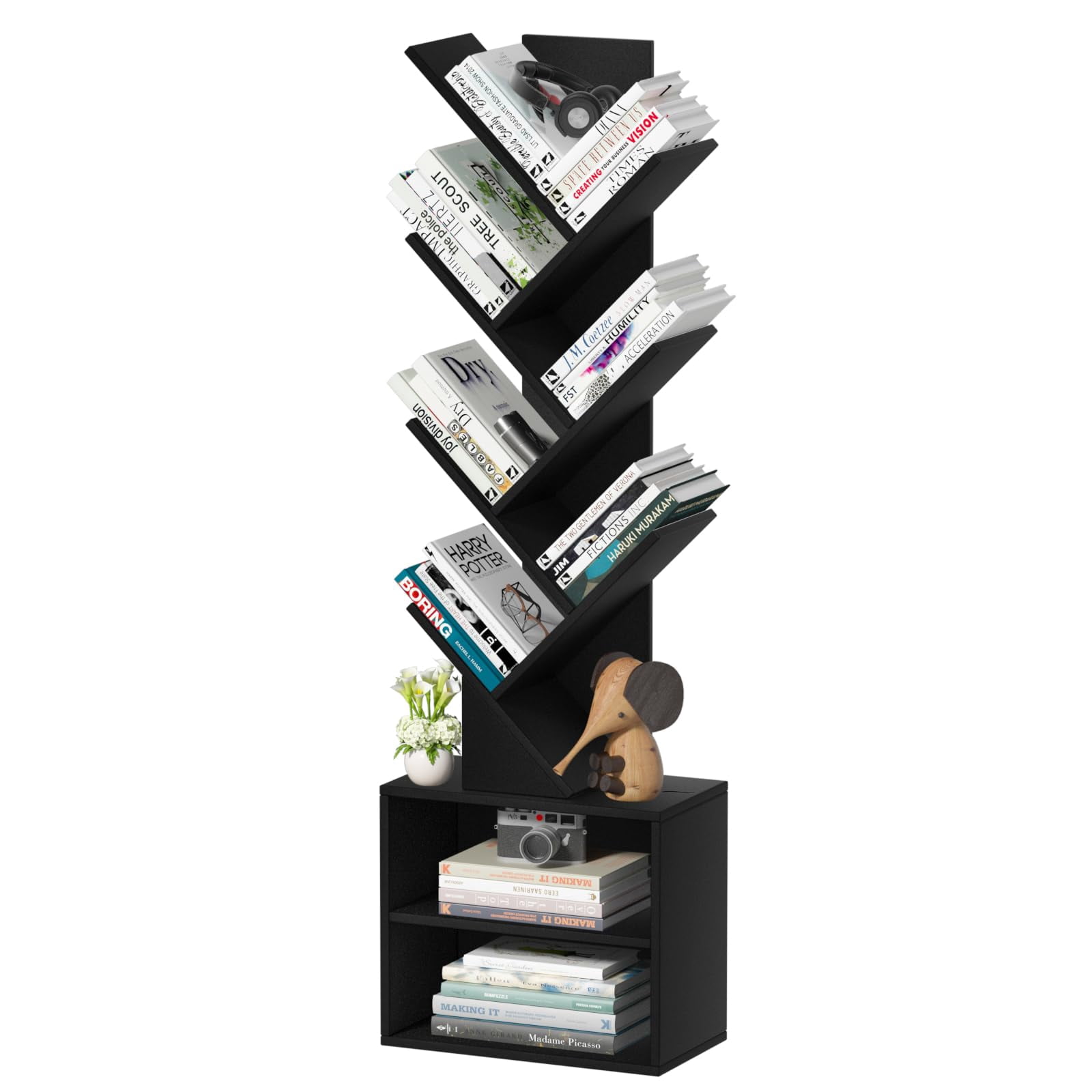 Classic Black 10-Tier Tree-Style Floor Bookshelf Wooden Organizer For ...