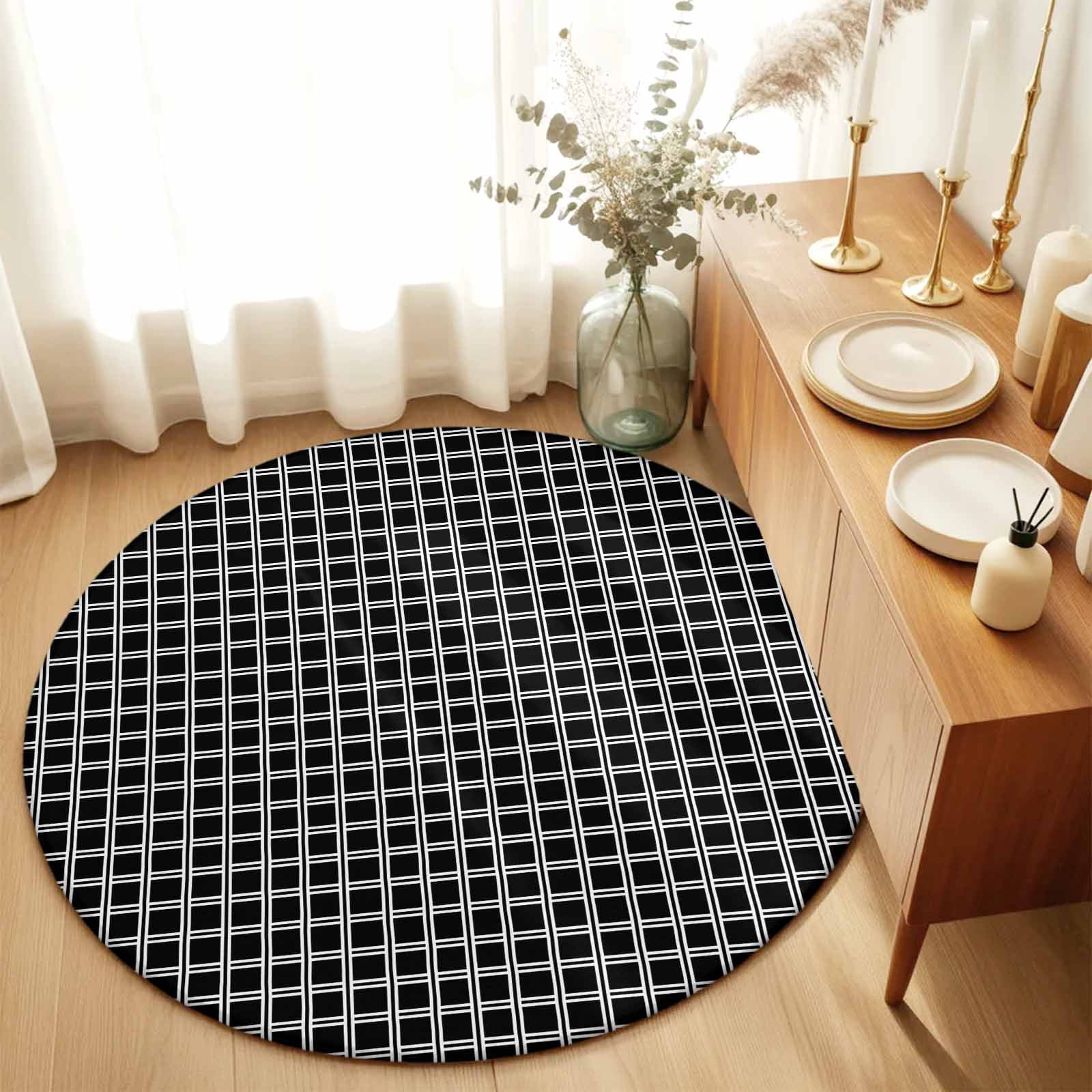 Classic Black Checkered Plaid Round Rug 3ft Modern Grid Pattern ...