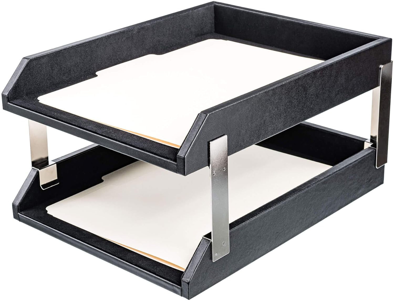 Classic Black Leather Front-Load Letter Trays With Silver Stacking ...