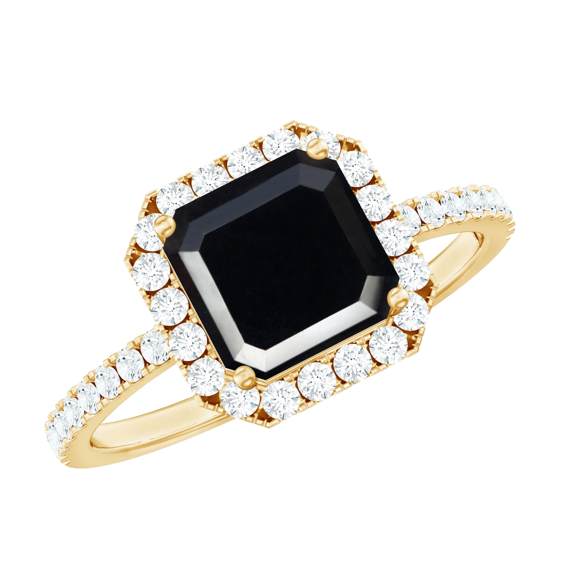 Rosec Jewels Classic Black Onyx Ring with Diamond Halo for Women - 8 mm - AAA Grade, 10K Yellow ...