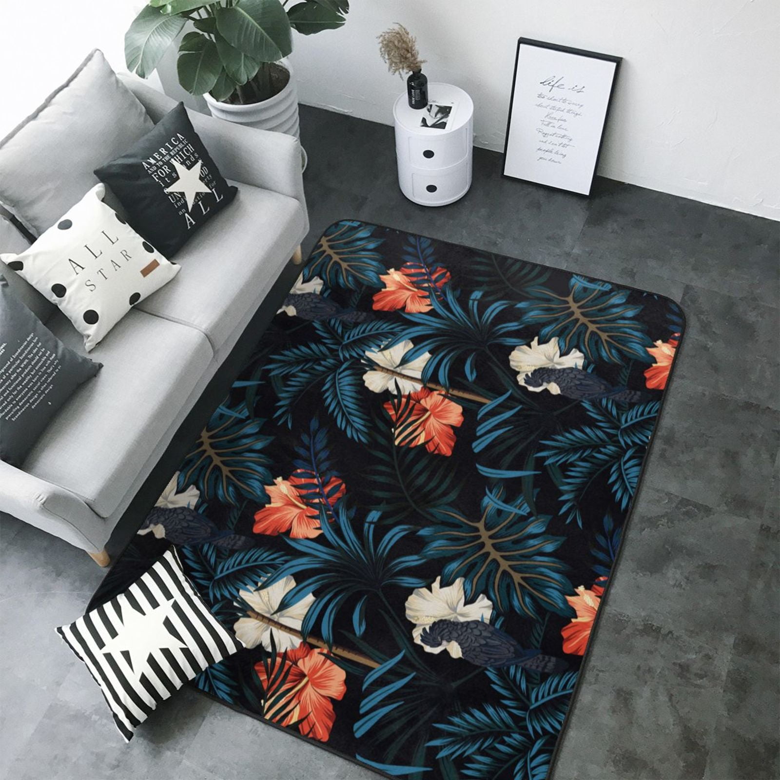 Classic Black Parrot Plant Flower Area Rugs for Living Room Bedroom ...