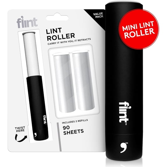 Classic Black Retractable Mini Lint Roller with 90 Extra Sticky Sheets ...