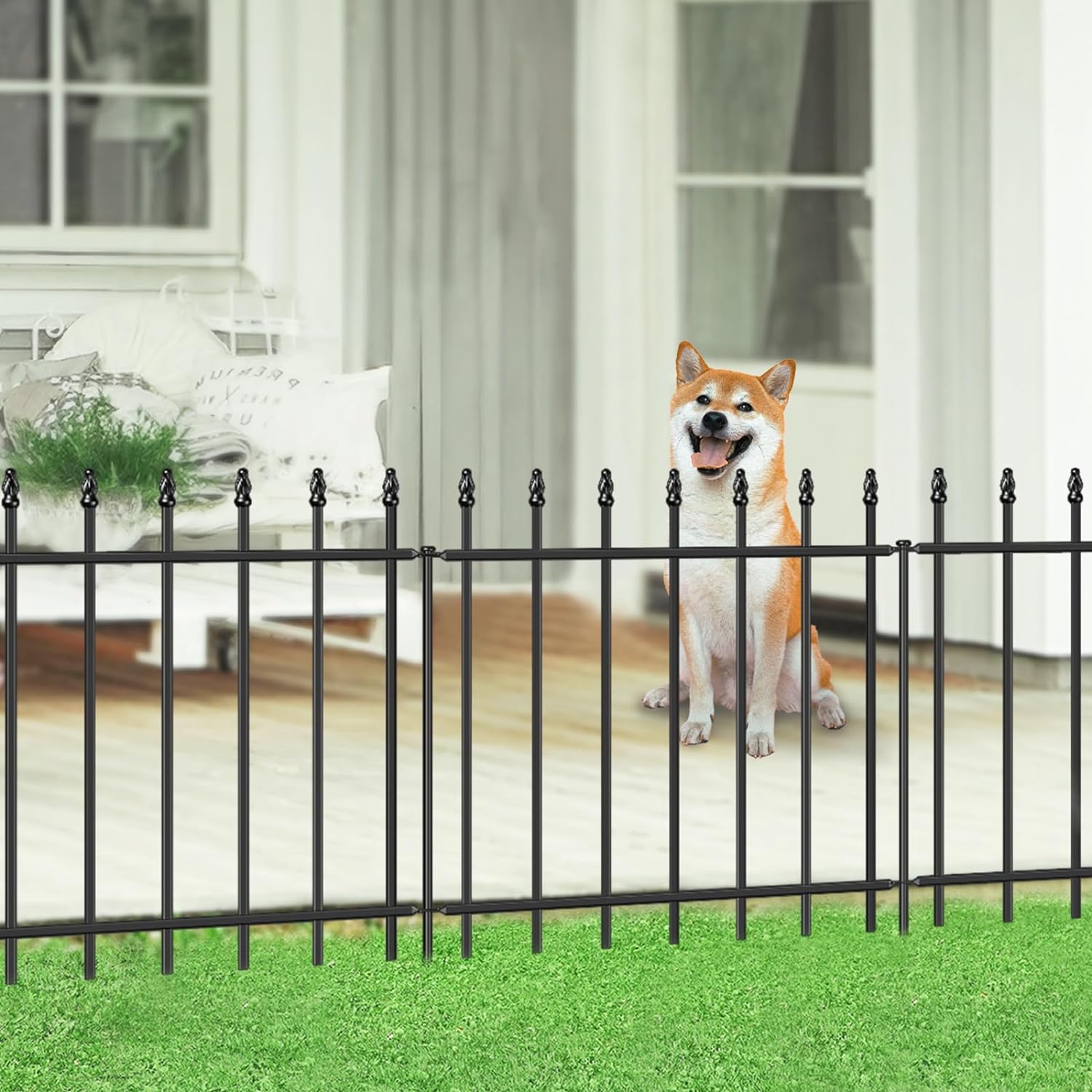 Classic Black Steel Garden Fence Panels, 5 Panels + 6 Stakes, 18 in H x ...