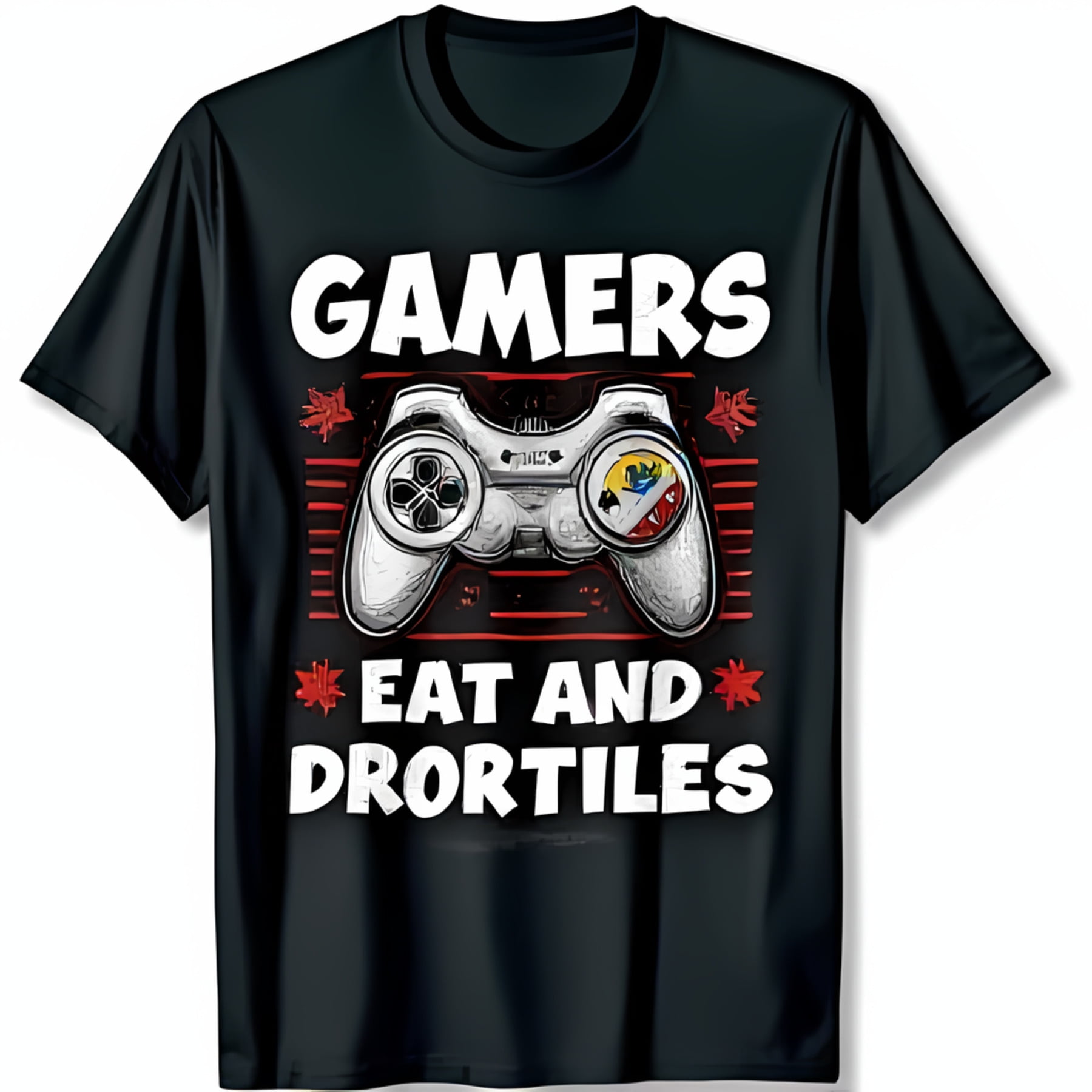 Classic Black T-Shirt with Bold Controller Graphic 'Gamers Eat and ...