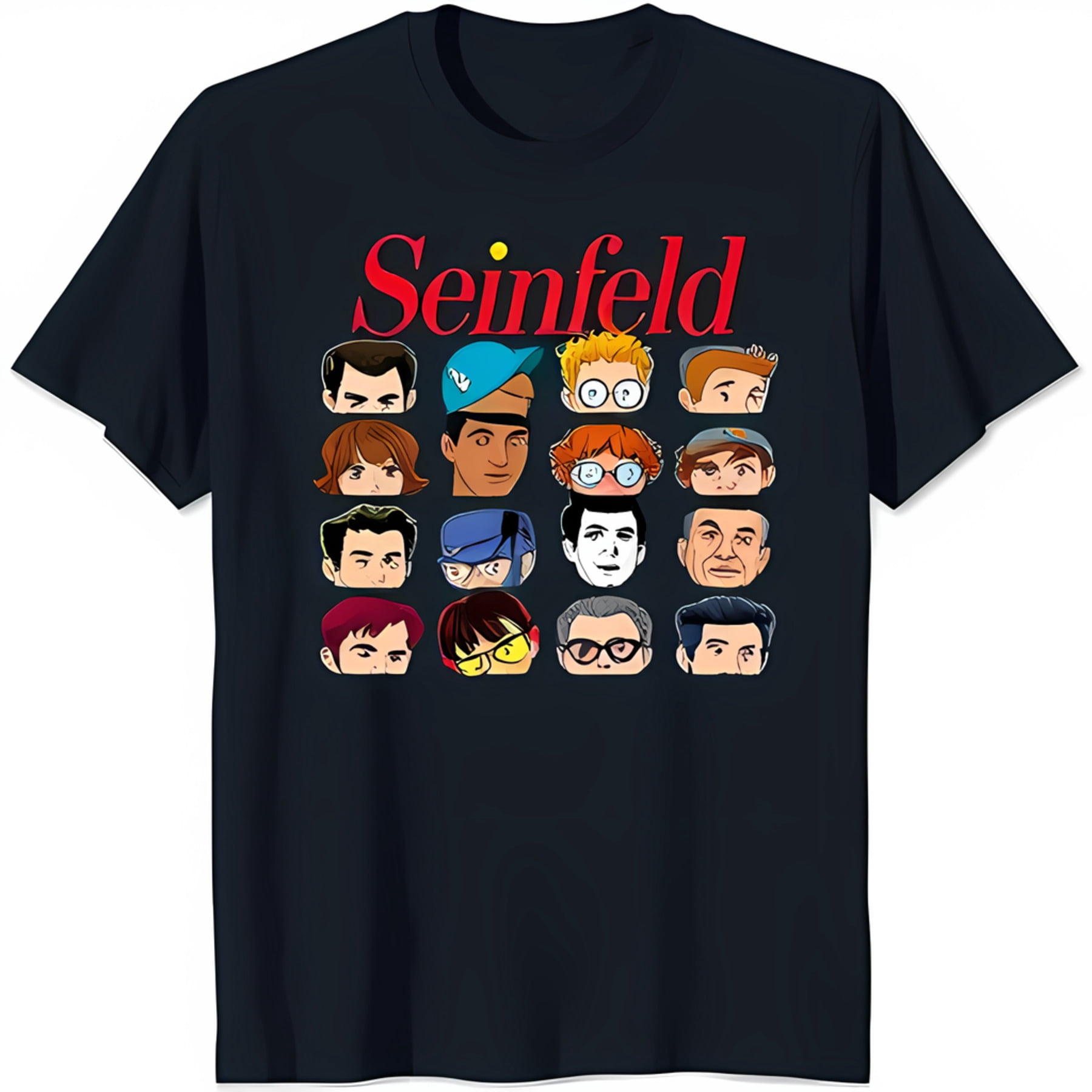 Classic Black T-Shirt with Bold Seinfeld Character Faces Graphic Design ...