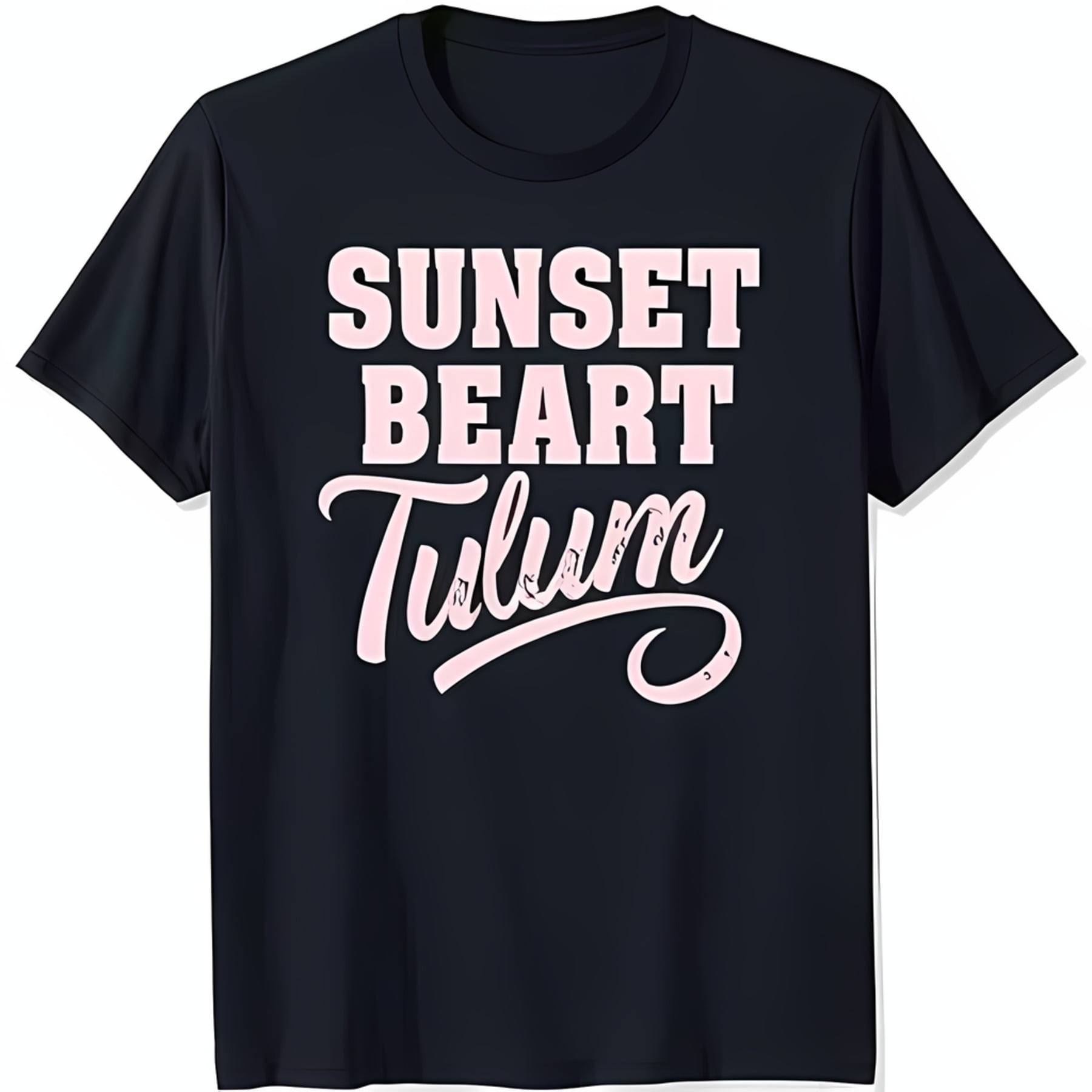 Classic Black T-Shirt with Fun 'SUNSET BEART TULUM' Pink Design for ...