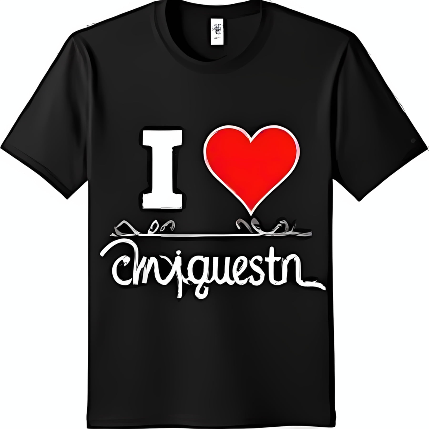 Classic Black T-Shirt with Red Heart & Cursive 'amiquestn' Text Design ...