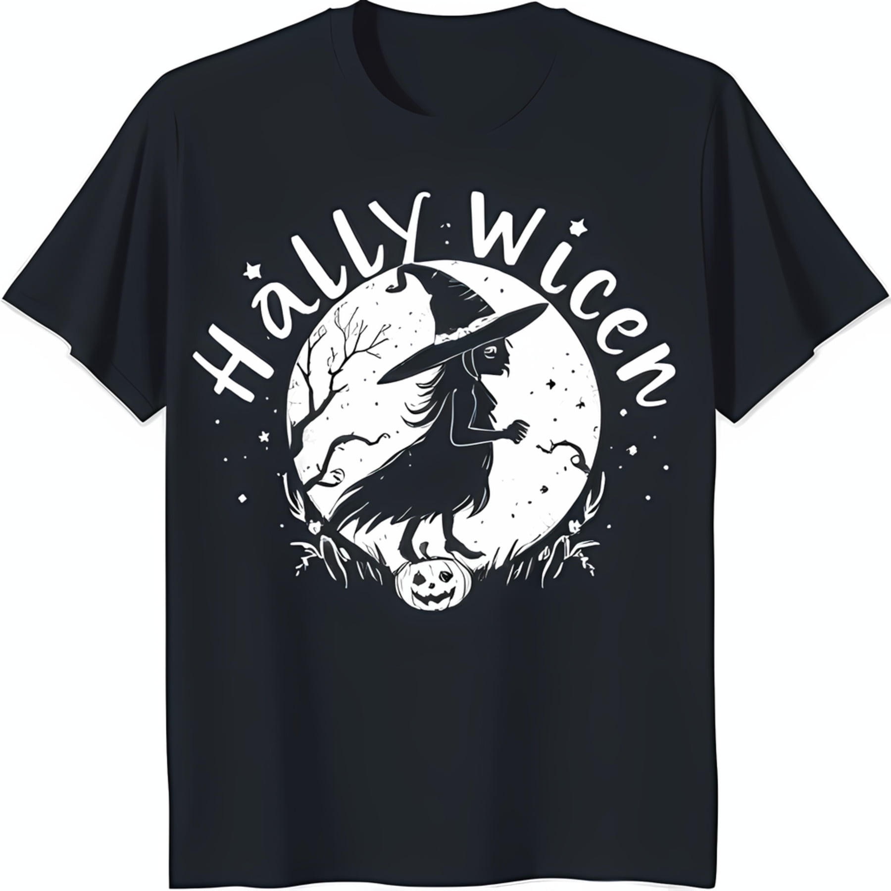 Classic Black T-Shirt with Witch on Pumpkin Graphic & Full Moon Design Hally Wicen - Walmart.com