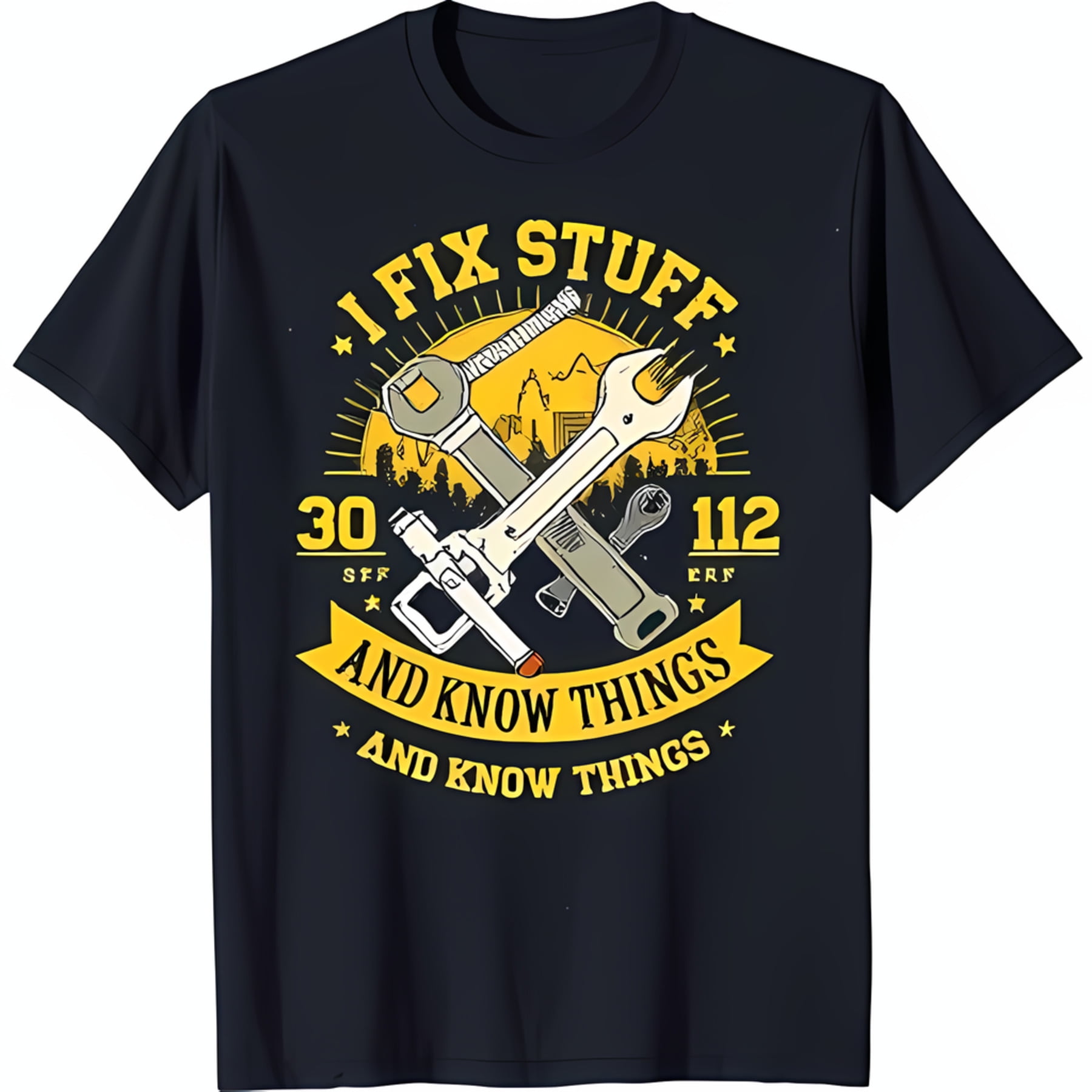 Classic Black T-Shirt with Yellow Wrench & Screwdriver Graphic 'I Fix ...