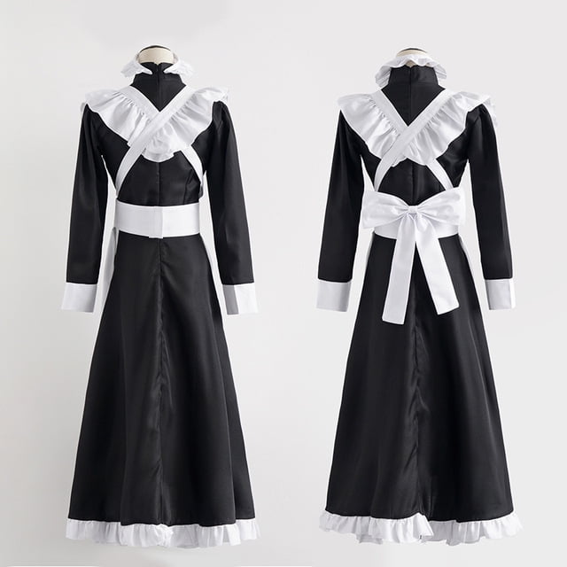 Classic Black And White Maid British Style Pearl Thread Long Cafe Maid