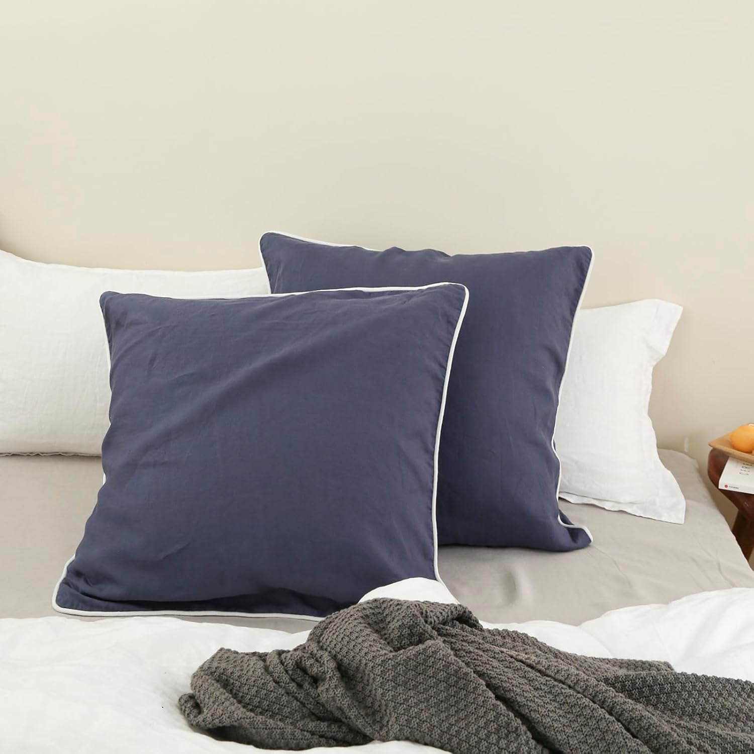 Classic Blue 100% Linen Euro Shams with White Trim Edges, 26"x26 ...