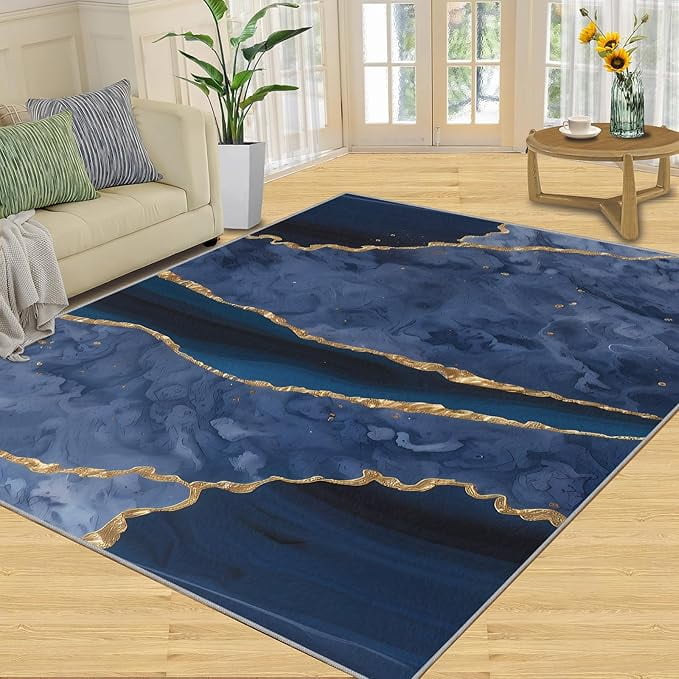 Classic Blue Gold Rugs For Living Room, Modern Art Rugs For Bedroom ...