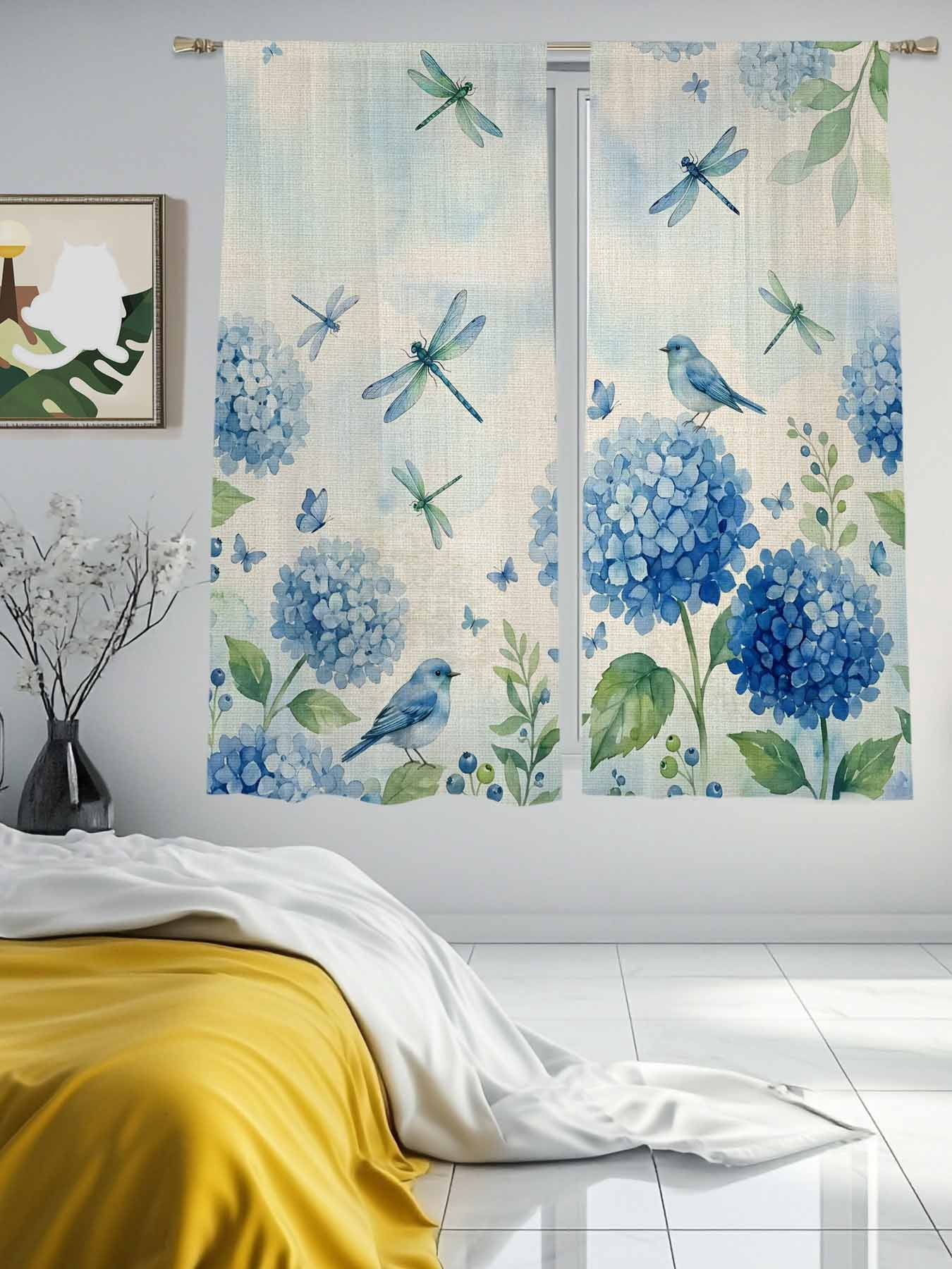 Classic Blue Hydrangeas on Vintage Chiffon Sheer Curtains 63 Inches ...