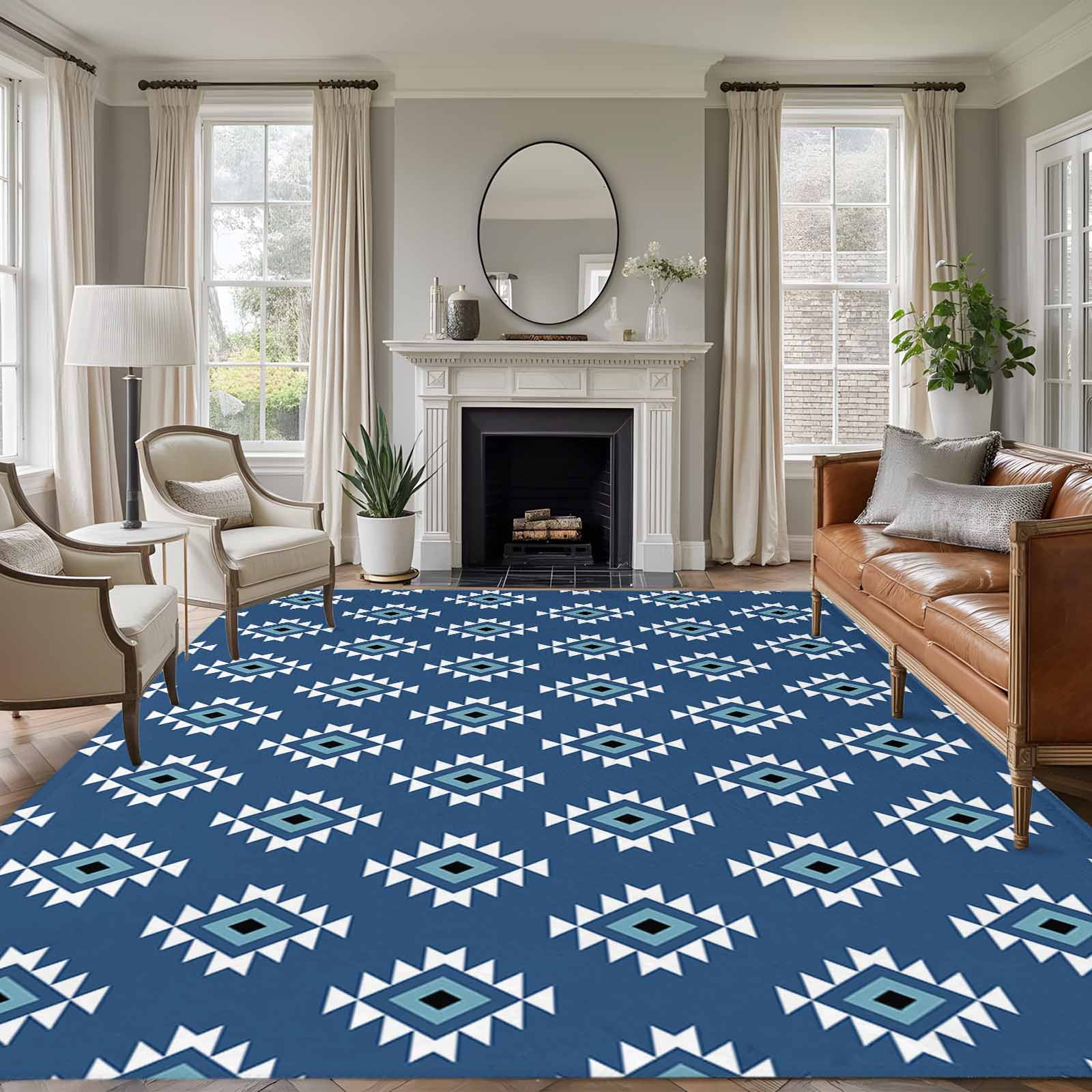 Classic Blue Pattern Washable Living Room Rugs 5'x7', Abstract Tribal ...