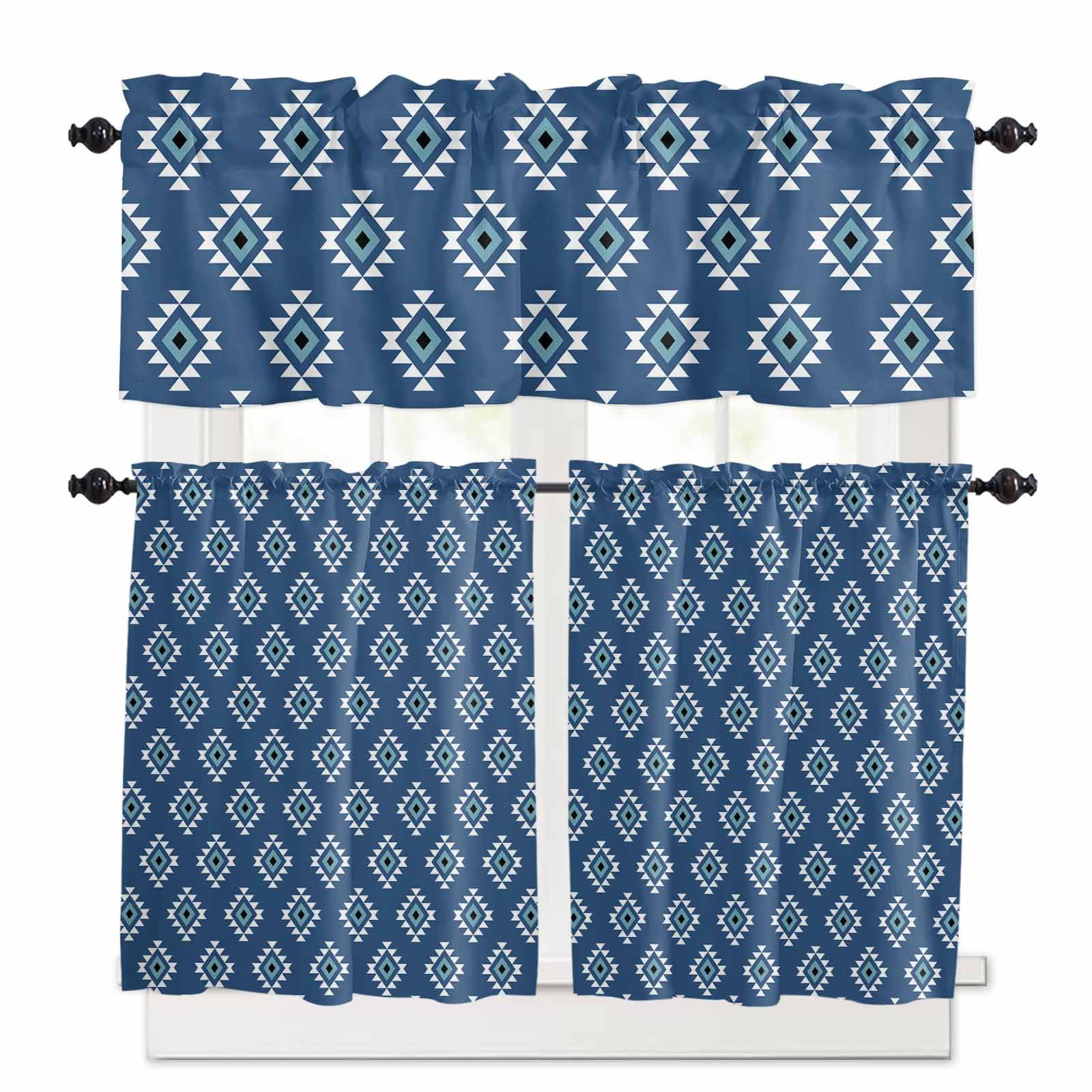 Classic Blue Pattern Window Curtains Valance Set of 3 Abstract Tribal ...