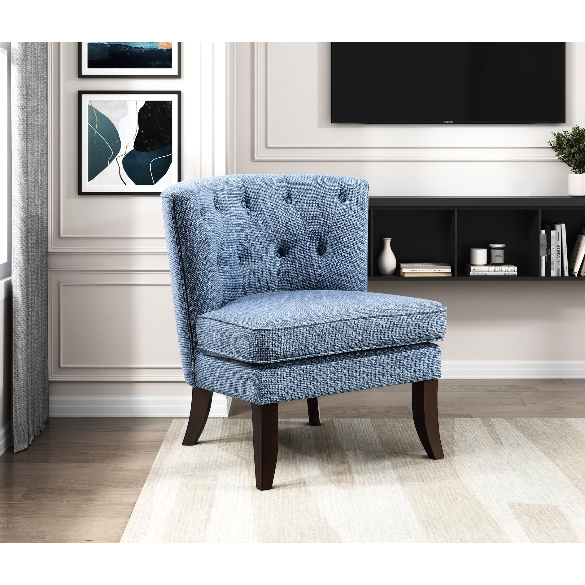 Classic Blue Upholstered Chair With Textured Fabric And Wood Legs ...
