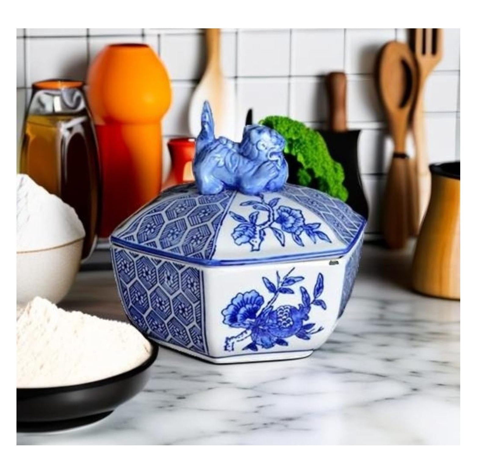 Classic Blue and White Ceramic Porcelain Jar Vase, Hexagon Canister ...