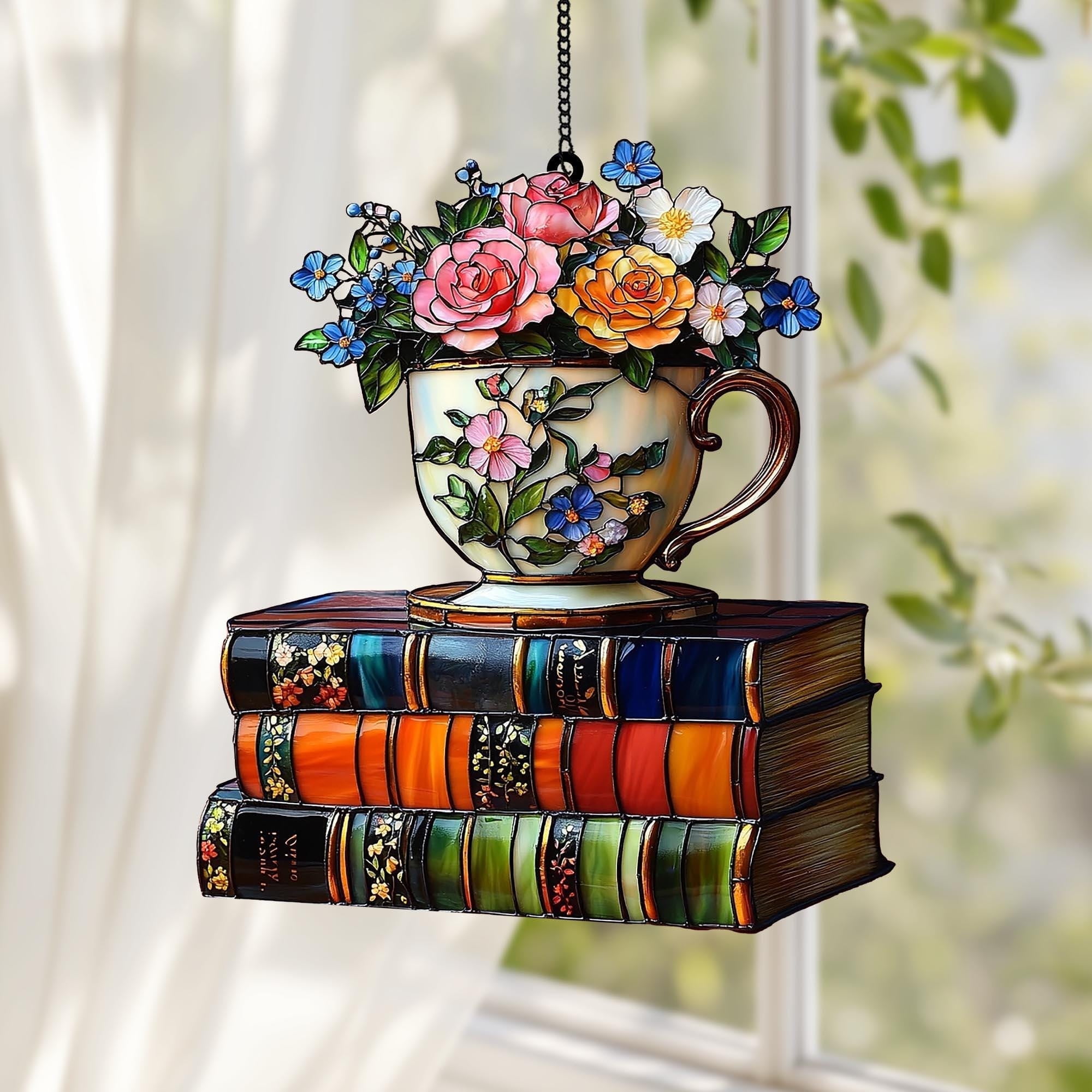 Classic Book Faux Stained Glass Suncatcher Jane Austen Bookstack Window Hanging Romantic Book ...