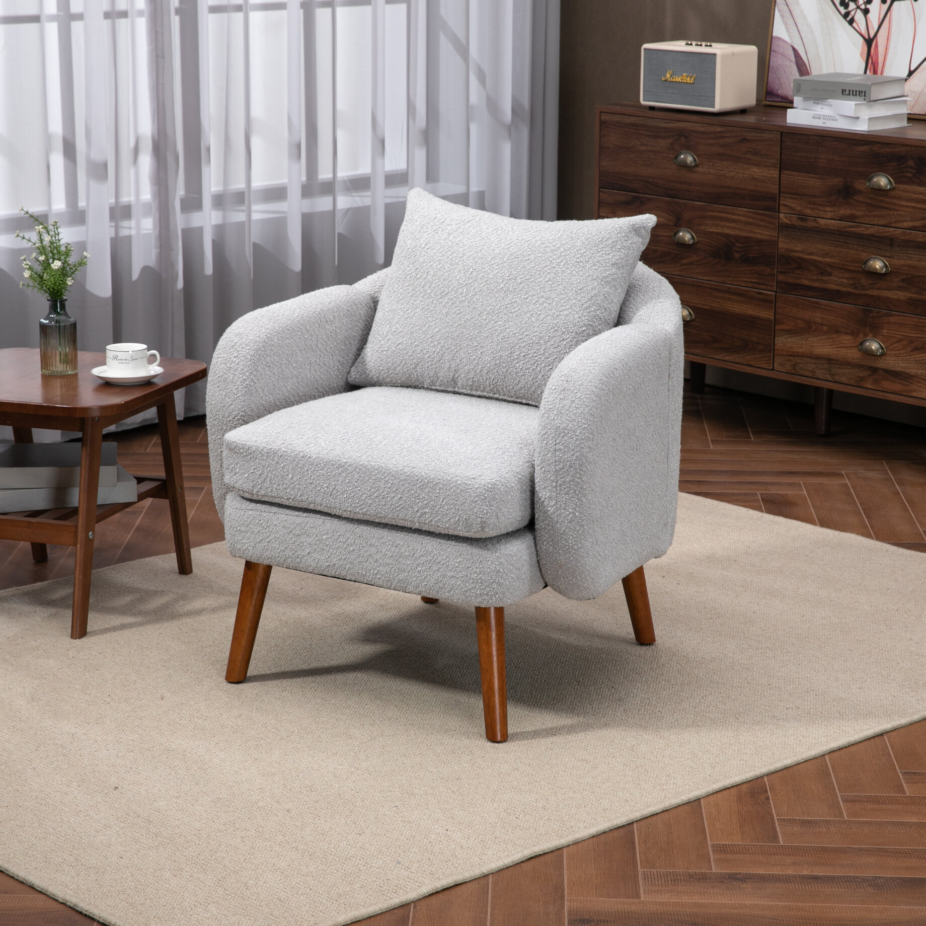 Classic Boucle Accent Chair, Leisure Barrel Chair with Solid Wood Frame ...