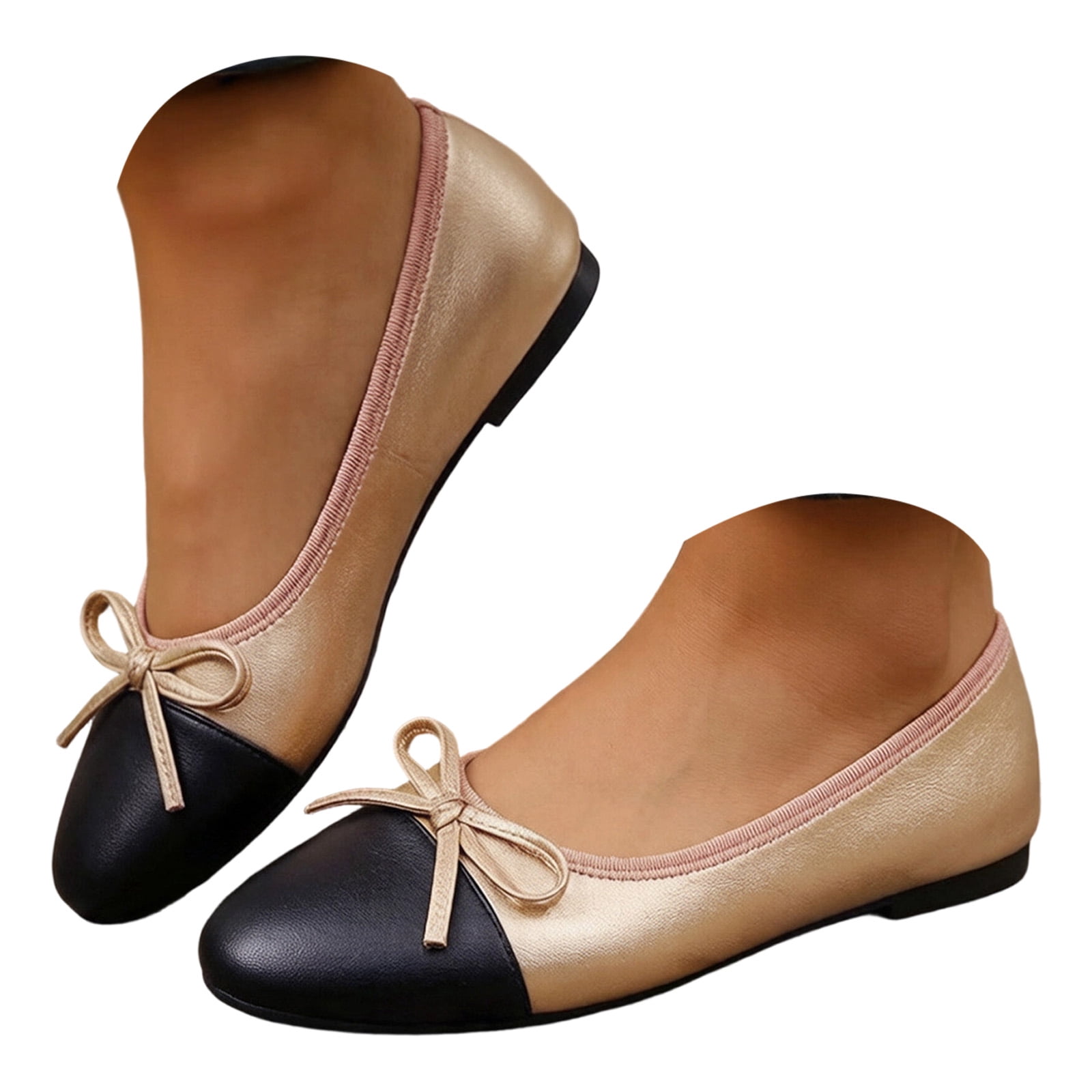 Classic Bow Ballet Flats for Women Leather Lightweight Non Slip Comfort ...