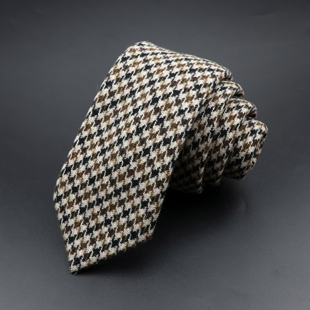Classic Brown Grey Plaid Striped Wool Necktie Narrow Collar Slim ...
