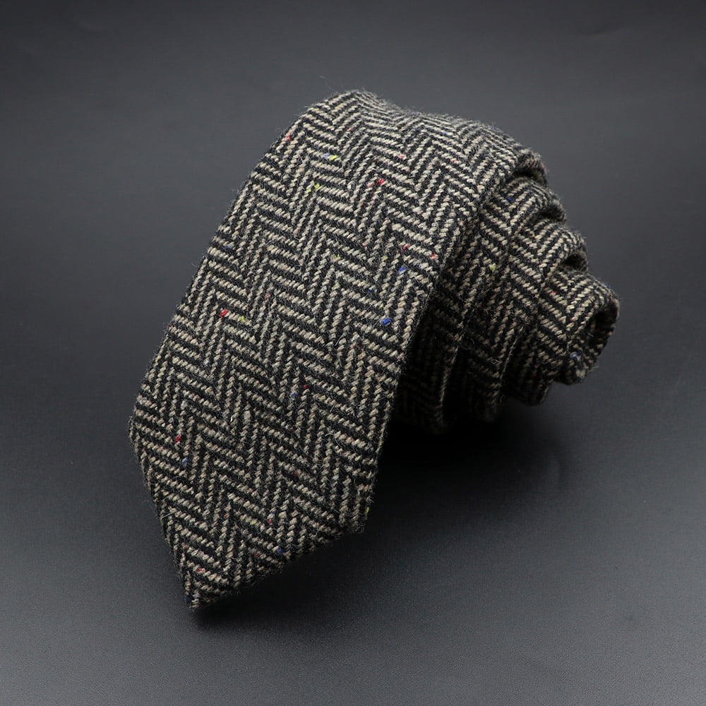 Classic Brown Grey Plaid Striped Wool Necktie Narrow Collar Slim ...