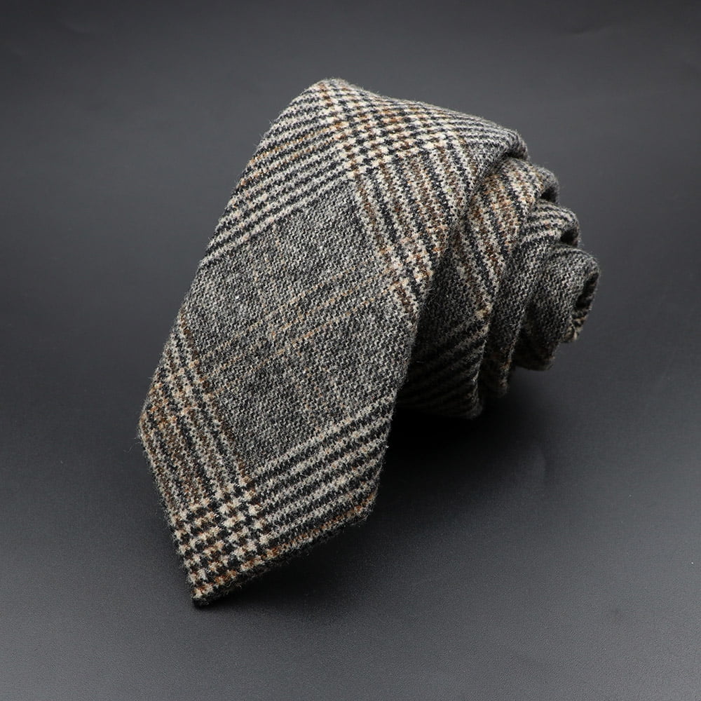 Classic Brown Grey Plaid Striped Wool Necktie Narrow Collar Slim ...