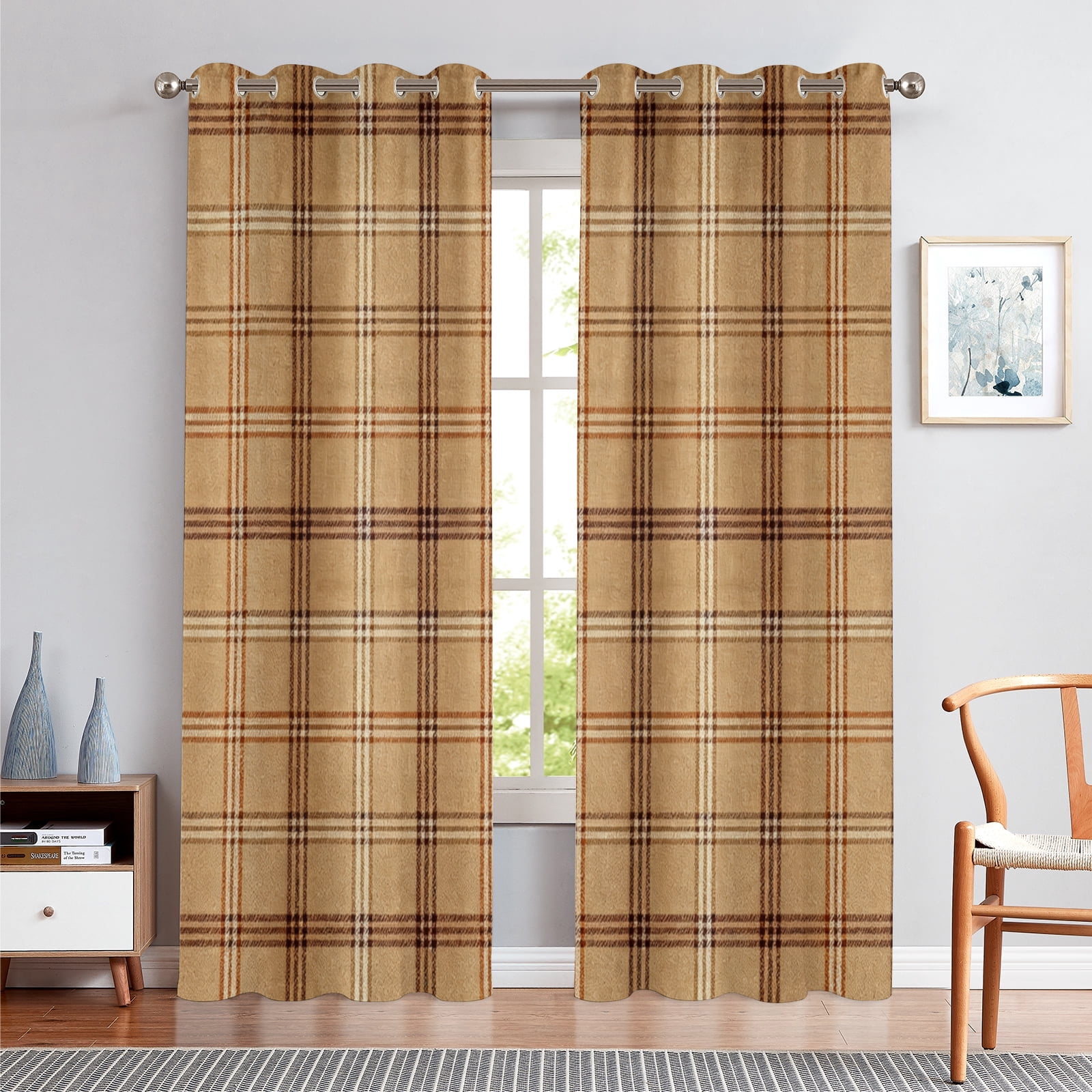 Classic Brown Plaid Print Blackout Curtains, Farmhouse Style Checkered ...