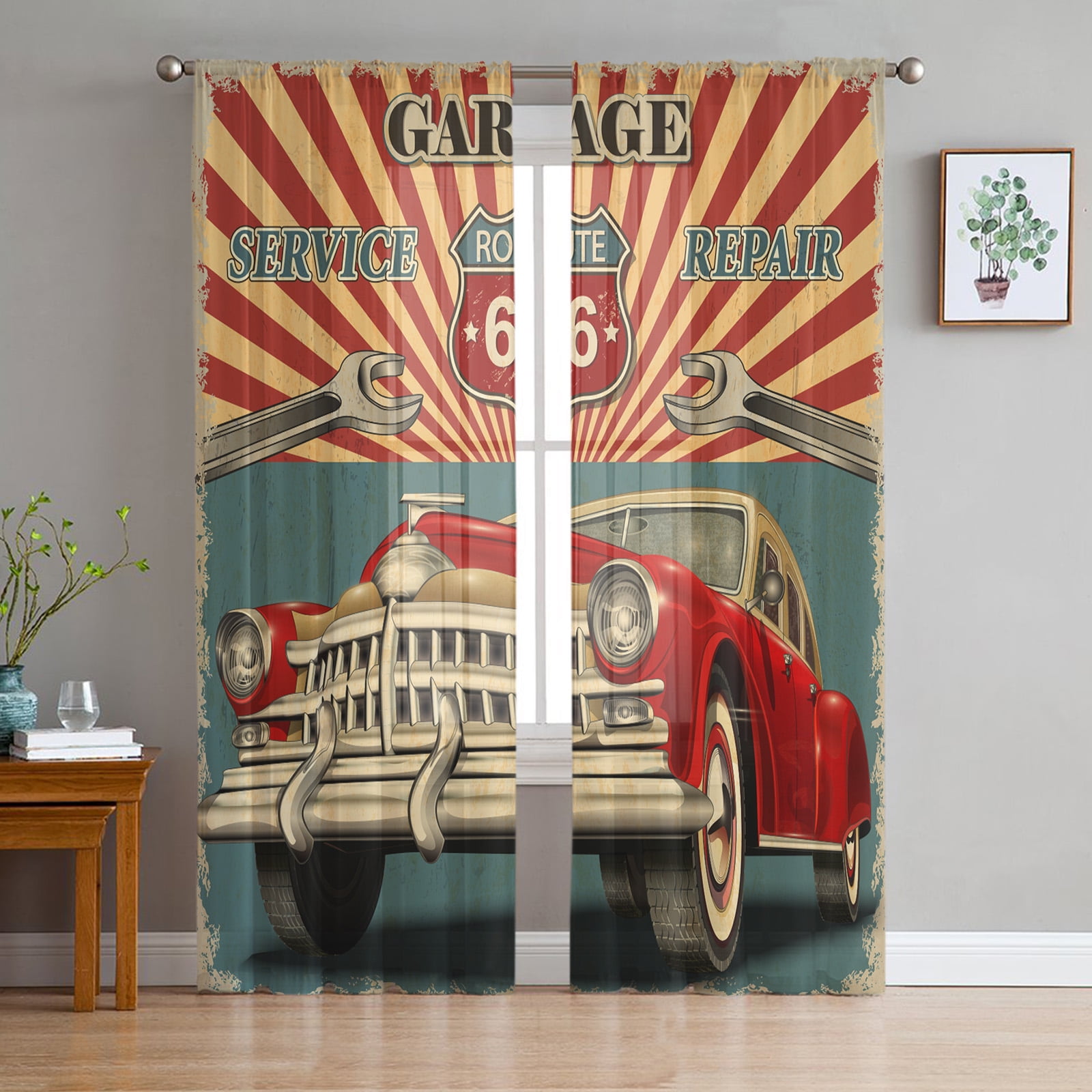 Classic Car Poster Sheer Curtain for Living Room Voile for Window ...