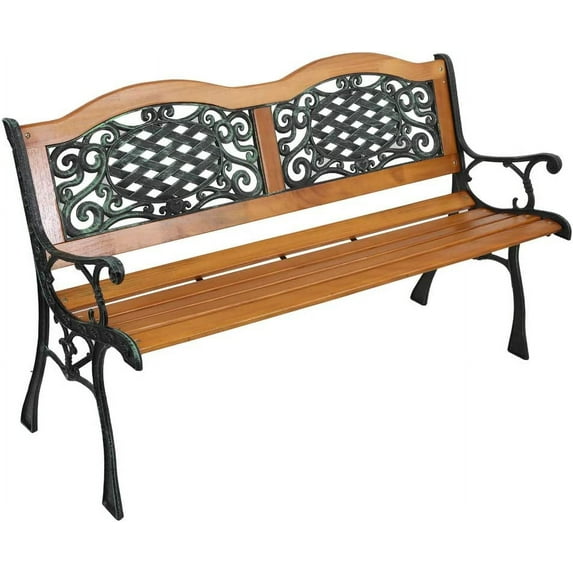 Classic Cast Iron & Teak Arched Back Rectangular Outdoor Bench, 3 ...