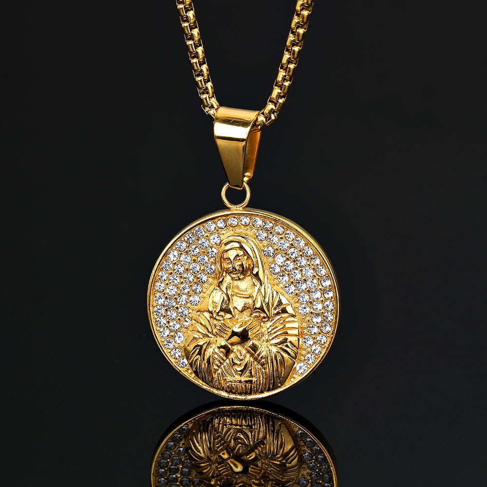 Classic Catholic Silver Color Virgin Mary Medal 14K Yellow Gold Pendant ...