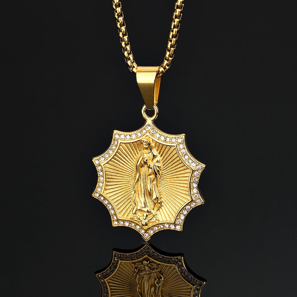 Classic Catholic Virgin Mary Square 14K Yellow Gold Pendant Necklace ...