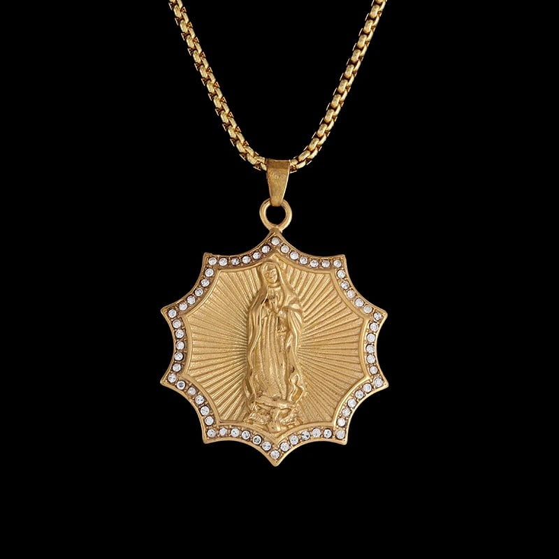 Classic Catholic Virgin Mary Square 14K Yellow Gold Pendant Necklace ...