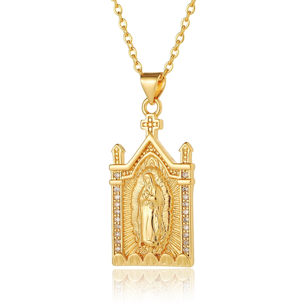 Classic Catholic Virgin Mary Square 14K Yellow Gold Pendant Necklace ...