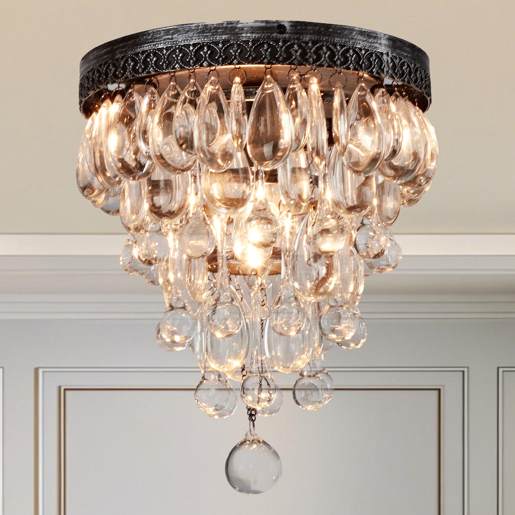 Classic Chandelier Look Raindrop Elegance Faceted-Glass Crystals Flush ...