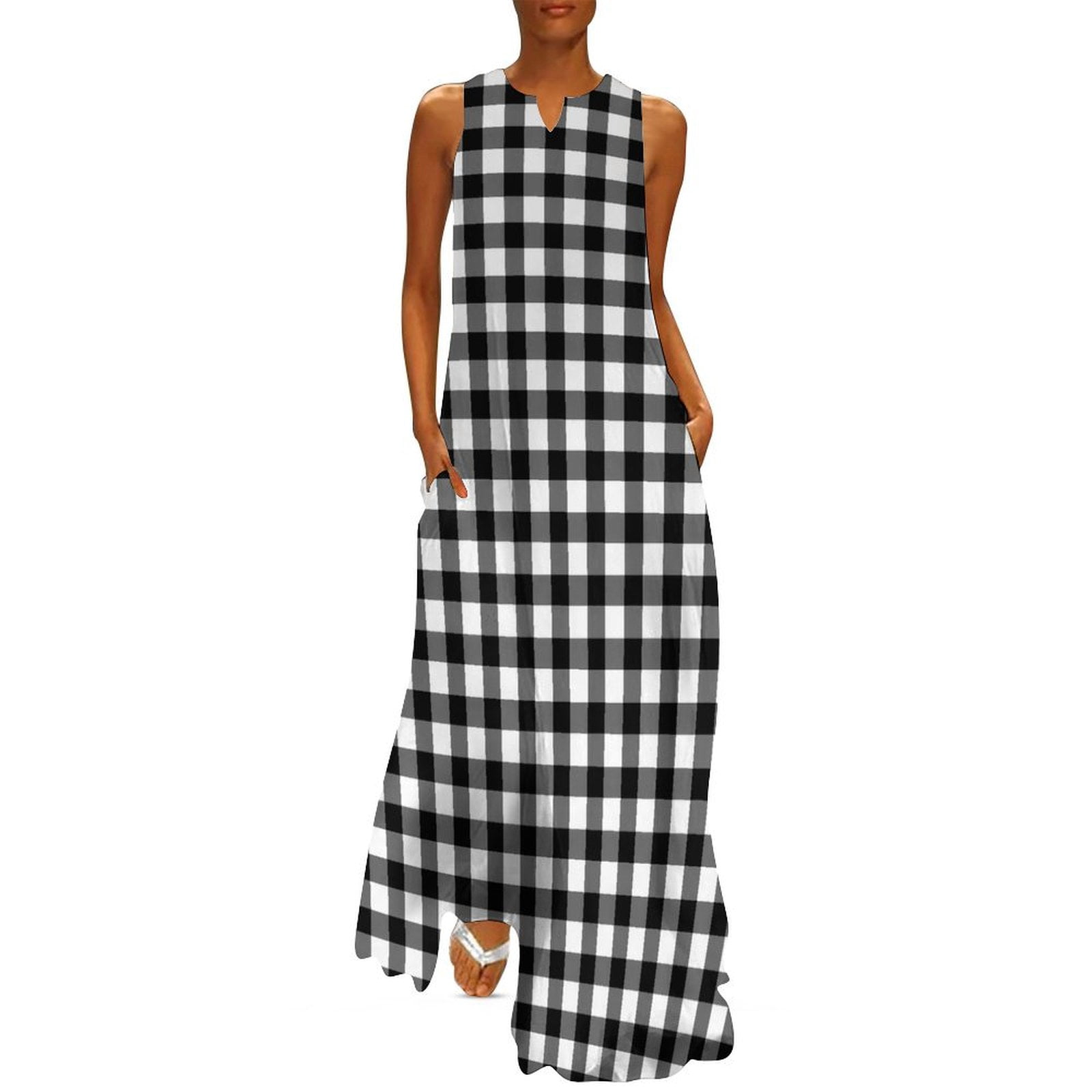 Classic Check Print Dress Black White Vintage Maxi Dress Street Fashion ...